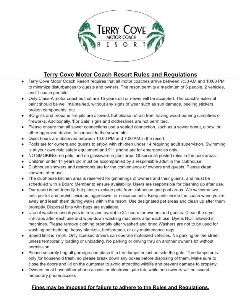 Resort Rules – Terry Cove RV Resort Orange Beach AL